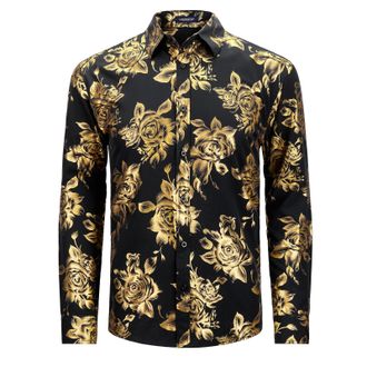 Hisdern Schwarz Blumenhemd Herren Langarm Goldenes Rose Muster Hemden Elegant Satin Mode Freizeithemd Party Bar Hochzeit Regulär L