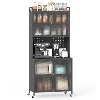 Costway GOPLUS K&uuml;chenschrank mit 5/6 Ebenen, Buffetschrank mit Arbeitsplatte & Schr&auml;nken, Vorratsschrank mit Klappt&uuml;ren, Haken, K&uuml;chenbuffet mit Rollen, Mikro