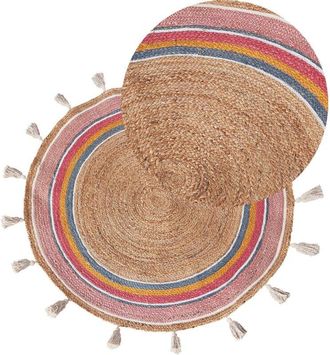 Beliani Beliani - Tapis Boho Rond Tissé Main Enfants avec Pompons Décoratifs ø 120 cm en Jute et Coton Multicolore Zanavi