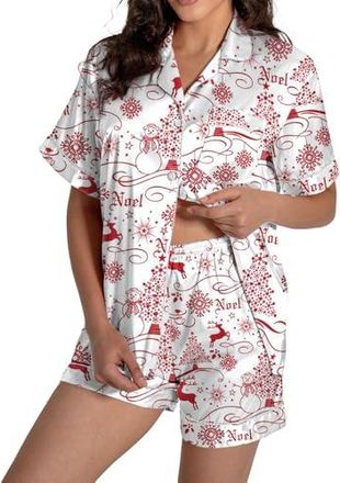 Generic Pijama Noel Femme Pyjama pour femme en satin de soie imprimé graphique, vêtements de nuit mignons, boutons, manches courtes, hauts, shorts, ensembles 