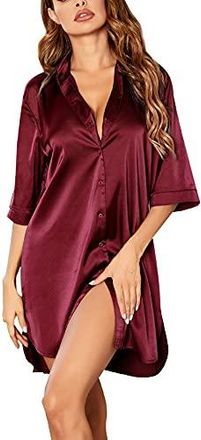 Ekouaer Chemise de Nuit Femme Ete 3/4 Manches Longues Ete Satin Grande Taille Sexy Chic Courte Vêtements de Nuit Femme, Bordeaux, XL