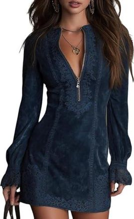 Generic Mini robe vintage en daim synth&eacute;tique &agrave; imprim&eacute; floral pour femme, manches longues, fermeture &eacute;clair, dentelle, robe courte moulante &agrave; col en V pour f