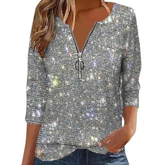 Generico Chemise &eacute;l&eacute;gante pour femme avec paillettes brillantes - Col rond avec fermeture &eacute;clair - Haut pour femme - Pour f&ecirc;te, printemps, vacances, f&ecirc;te, d&eacute;co