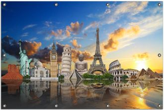 Wallario Outdoor-Poster f&uuml;r Garten oder Balkon Weltwunder auf einen Blick, Motivbanner Gr&ouml;&szlig;e: ca. 100 x 150 cm, Outdoor-Bild