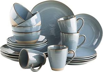 Mäser Serie Nottingham, Vintage Geschirr-Set für 4 Personen, 20-teiliges Kombiservice mit unregelmäßig runden Formen im Retro Look, Steinzeug, Blau-Grau