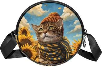 Generic Petit sac &agrave; bandouli&egrave;re rond pour femme, motif chat tournesol avec fermeture &eacute;clair, bretelles r&eacute;glables, sac &agrave; main rond d&eacute;contract&eacute; pour femmes et f