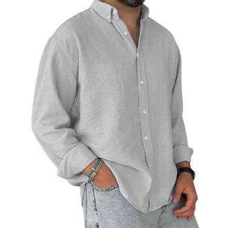 Generic Chemise &agrave; manches longues en coton pour homme - Chemise d&eacute;t&eacute; - Chemise de loisirs - Chemise en lin - Coupe droite - Chemise daffaires, gris clair, 4XL
