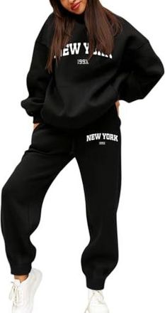 Minetom Ensemble Surv&ecirc;tement Femme V&ecirc;tements de Sport Jogging Lettre Imprim&eacute;e Manches Longues Hoodie Sweat &agrave; Capuche Pantalon 2 Pi&egrave;ces Set C Noir S