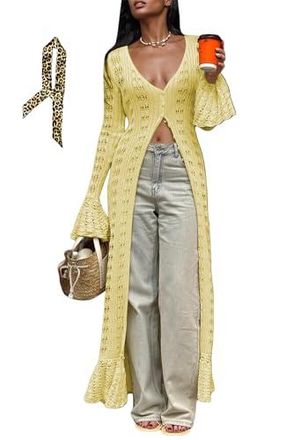 Generic Cardigan long en crochet &agrave; manches longues pour femme, jaune, L