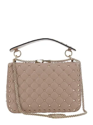 Valentino Garavani Womens Crossbody Bag Spike Medium Beige Leather Lamb Shoulder