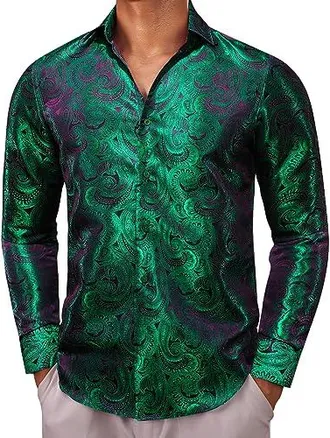 Barry.Wang Chemise classique en soie &agrave; manches longues pour homme Motif floral, D&eacute;grad&eacute; violet et vert, XXL