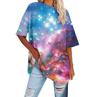 Generic Galaxy T-shirt &agrave; paillettes pour femme - Chemisier &agrave; manches courtes - Col rond - Col rond - Pour l&eacute;t&eacute;, Multicolore, XXL