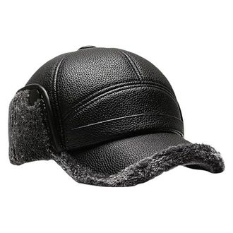Generic Casquette de baseball en cuir PU + peau dagneau 57-59 cm | Casquette de baseball avec cache-oreilles Design peluche chaude Hiver B?seball? | Chasse en