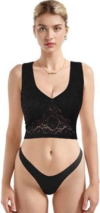 Allegra K Haut sans Manches Femme en Dentelle Florale D&eacute;bardeur Court Transparent Camisole &Agrave; Col en V Profonds Noir L