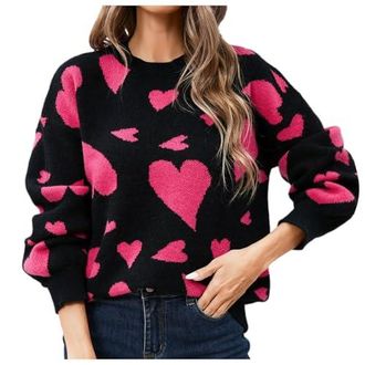 Generic Pull d&eacute;contract&eacute; &agrave; manches longues et col rond pour femme Motif coeur mignon 2026, Noir, M