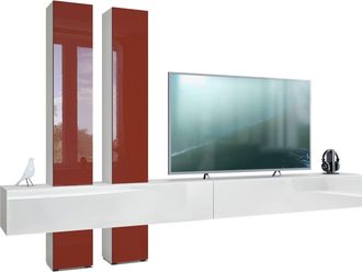 Vladon Wohnwand Moja, Made in Germany, Weiß matt & Weiß/Bordeaux Hochglanz - Moderne Anbauwand für Ihr Wohnzimmer (BxHxT) 330 x 204 x 39 cm