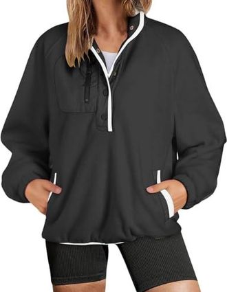 Generic Vestes pour femmes 2026 pour femmes, veste polaire pelucheuse surdimensionn&eacute;e, bloc de couleur, boutons, pull &agrave; manches longues, sweatshirts hauts, No