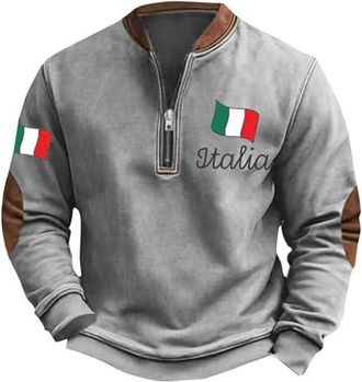 Generic Sweat à capuche ample à fermeture éclair 1/4 pour homme, imprimé drapeau italien 3D, couleur unie, hauts décontractés pour adultes, vêtements dextérie