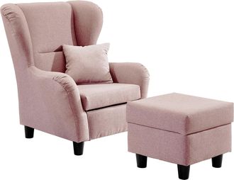 Lifestyle4Living Moderner Ohrensessel mit Hocker - Große Auswahl an Stoffen und Farben - Gemütlicher Designer-Sessel im eleganten Landhaus-Stil, Rosa