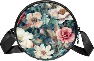 Generic Petit sac &agrave; bandouli&egrave;re circulaire pour femme, motif feuilles florales, sac &agrave; dos avec fermeture &eacute;clair, bretelles r&eacute;glables, sac &agrave; main rond d&eacute;contra