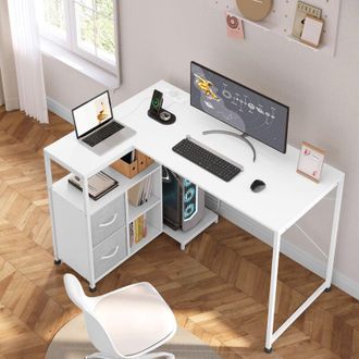 Woltu Schreibtisch L-Form, Computertisch mit Steckdosen USB-A Typ-C, Eckschreibtisch mit Regal umkehrbar, B&uuml;rotisch Gaming Tisch mit Rechnerfach