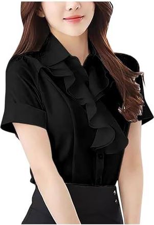 Generic Chemisiers dété à manches courtes en mousseline de soie pour femme Tempérament coréen, grande taille, Noir, M