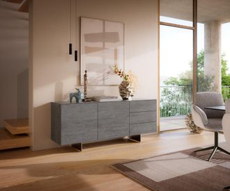 DELIFE Sideboard Cuor 180 cm Keramik Beton Grau 2 T&uuml;ren 3 Schubf&auml;cher Fu&szlig; Schwebeoptik Edelstahl, Sideboards
