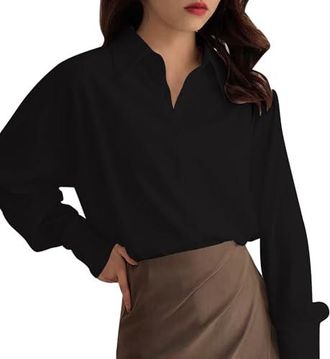 Generic Blouse Femme Chic et &Eacute;l&eacute;gant en Satin Manches Longues Boutonn&eacute;e La Soie &agrave; col en V Hauts Blouse &Eacute;l&eacute;gante Casual Fluide Ample Couleur Unie &agrave; Boutons Tu