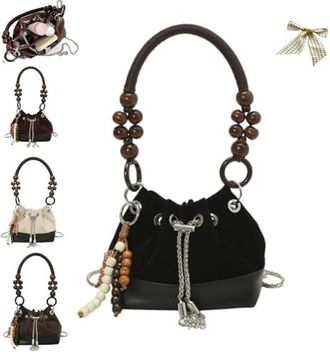 Generic Suede Beaded Drawstring Vintage Bucket Bag,Vintage Crossbody Bag with Chain Strap,Womens Retro Beads Drawstring Handbags (Black)