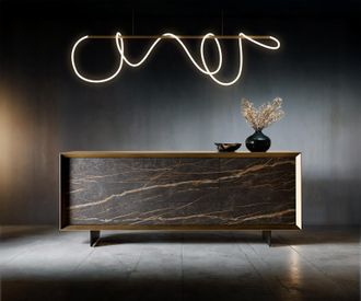 DELIFE Sideboard Yori 200 cm Metallic Gold 2 T&uuml;ren 3 Schubladen schwebend Metall Schwarz Keramik LaminamNoir Desir Braun, Sideboards