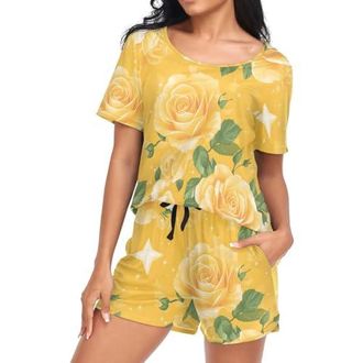 Mnsruu Ensemble pyjama à manches courtes pour femme Motif cachemire et fleurs Jaune Rose, Multi368, XXL Taille courte