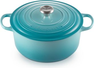 LE CREUSET Le Creuset Signature Gusseisen-Bräter mit Deckel, Ø 28 cm, Rund, Für alle Herdarten und Induktion geeignet, Volumen: 6,7 l, 6,125 kg, Karibik, 2117728