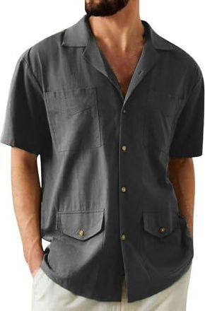 Generic Chemise Henley en coton et lin pour homme - Couleur unie - Revers simple boutonnage - Double face - Grandes poches - Chemise classique en coton et lin