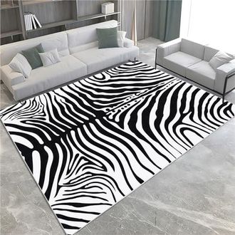 Generic Tapis de Salon Animal Motif Z&egrave;Bre Noir Et Blanc Tapis Poils Courts Doux Fluffy Facile &Agrave; Entretenir, Moquette Antid&eacute;rapant Lavable en Machine - pour Ch