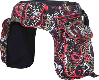 Kunst und Magie Doppelte Bauchtasche, Mandala-Muster, Festival-Gürteltasche aus Baumwolle, Verstellbarer Gurt Hippie Goa (Schwarz/Rot)