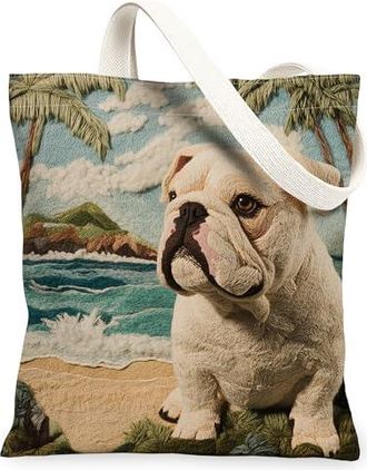 Generic Sac fourre-tout fantaisie en toile motif bouledogue 33 x 38 cm, sac d&eacute;picerie r&eacute;utilisable pour femme, peinture danimaux domestiques, d&eacute;coration cadea