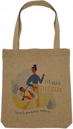 Fabulous Sac Shopping Tote Bag Aspect Lin - Les Vrais H&eacute;ros Babysitter M&eacute;tier Maman - Sac de Courses Toile Epaisse 360g Beige Naturel Cabas Port&eacute; Epaule Solide