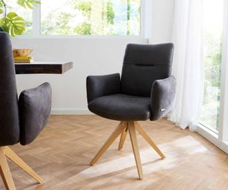 DELIFE Drehstuhl Jova-Flex mit Armlehnen Mikrofaser Anthrazit Vintage Holzgestell kantig Natur 180&deg; drehbar Taschenfederkern, Esszimmerst&uuml;hle