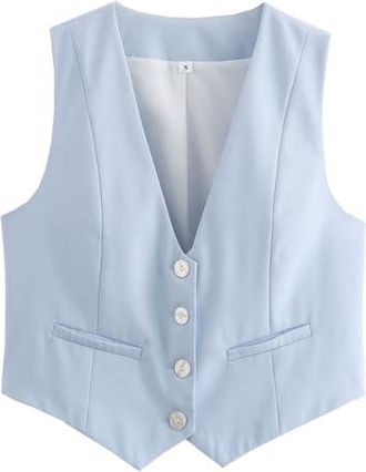 Generic Vestes pour femmes 2026 Veste de costume courte &agrave; col habill&eacute; boutonn&eacute;, bleu clair, M