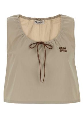 Miu Miu Drawstring-Neckline Cotton Tank Top - Beige
