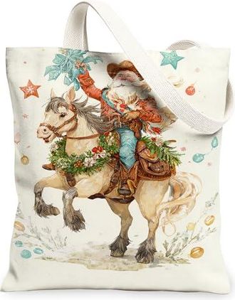 Generic Sacs fourre-tout en toile de P&egrave;re No&euml;l, motif cheval, sacs &agrave; provisions r&eacute;utilisables, vintage, rustique, l&eacute;ger, lavable avec bandouli&egrave;re C, blanc, 13