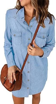 Minetom Femme Été Denim Robe Col V Manches Longues Tunique Robe Chemisier en Jean Casual Bouton Mini Robe Blouse Dress A Bleu M