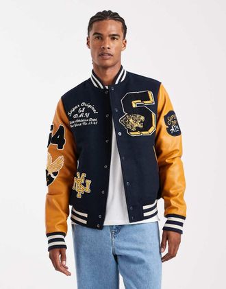 Superdry Veste style universit&eacute; &agrave; empi&egrave;cements vintage - Bleu marine &eacute;clipse/moutarde