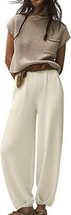 Minetom Femmes Jogging Survêtement Casual Manche Courte Tricoté Chandail Pullover Col Rond Pull Top et Pantalon Ensemble Sportwear 2 Pièces A Blanc XXL