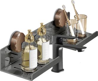 Generic Over Faucet Bathroom Wall Shelf - 40cm Bathroom Sink Organizer | Suction Cup Removable Carbon Steel Shelf for Perfume, Toiletries, Laundry, Kitchen, T