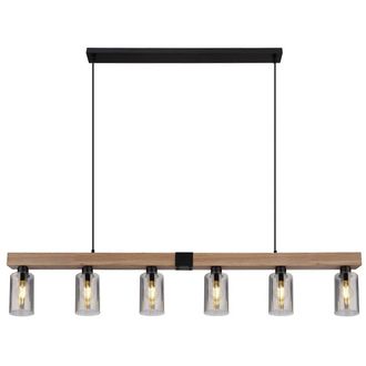 Globo Lighting Pendelleuchte Holzoptik Esstischlampe 6 flammig H&auml;ngelampe Wohnzimmer, Rauchglas Metall schwarz, 6x E27, LxH 140x120 cm