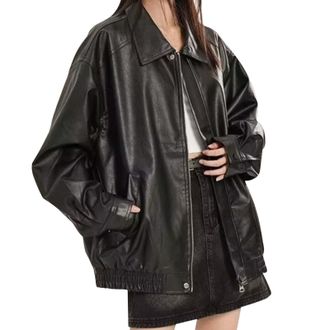 Generic Damen Lederjacke &uuml;bergro&szlig; Kunstlederjacke Modisch f&uuml;r Autumn und Winter Lange &Auml;rmel &Uuml;bergangsjacke Oversize Y2K