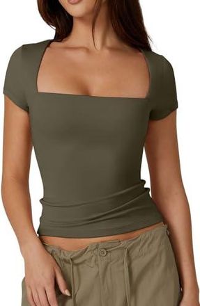 Generic Tops à col carré pour femme - Hauts dété à la mode pour femmes, T-shirts sans manches, débardeurs - 3, Vert kaki, Taille S