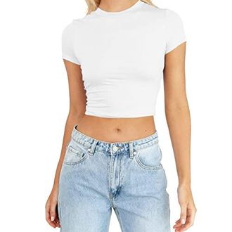Generic Y2 K Crop Tops &agrave; manches courtes pour femme - Coupe ajust&eacute;e - Manches courtes - Col rond - T-shirt d&eacute;t&eacute; - Ventre nu - Col en V - Manches courtes - Cot