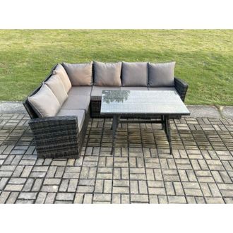 Fimous Gartenlounge Set Rattan Ecksofa Set Rechteckiger Esstisch Dunkelgrau gemischt - Fimous